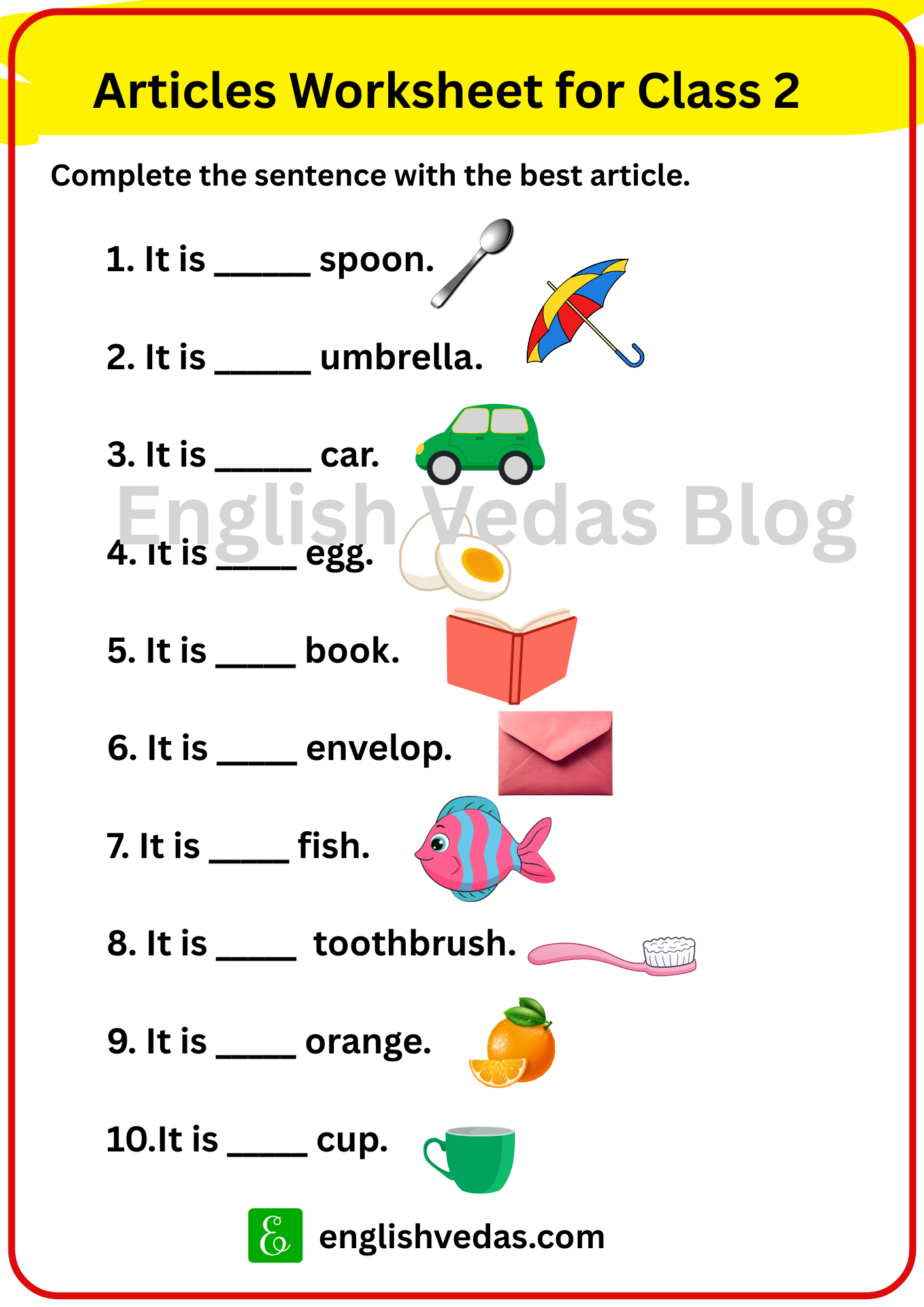 Articles Worksheet for Class 2 in English Grammar | Pack of 3 Best ...