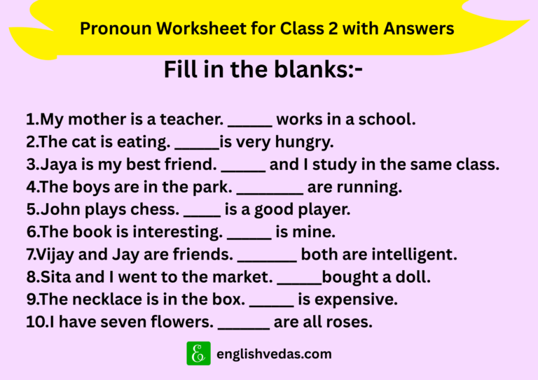 Pronoun Worksheet for Class 2 in English Grammar - English Vedas Blog