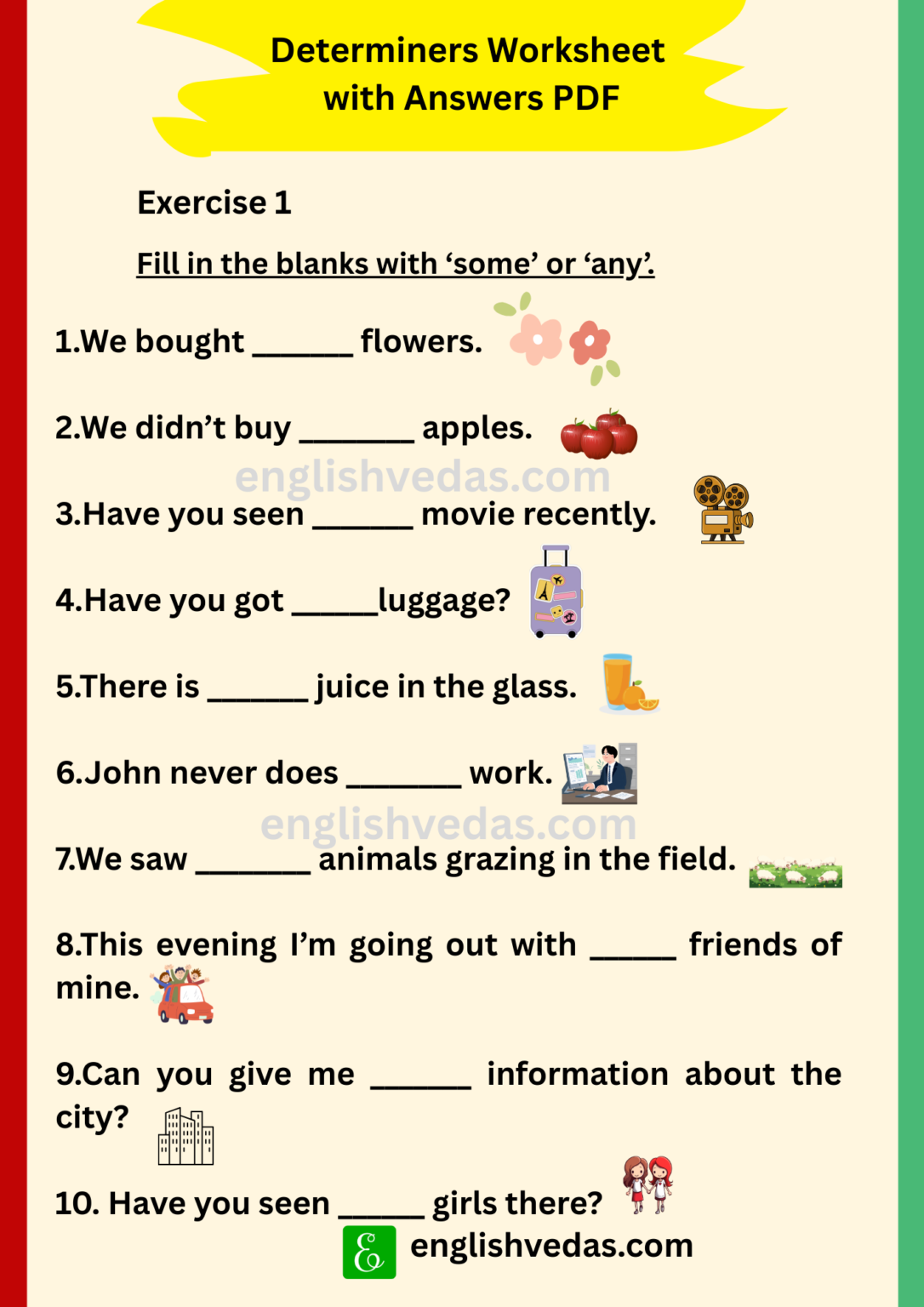 Determiners Worksheet with Answers PDF | Easy Exercises | Free Download ...