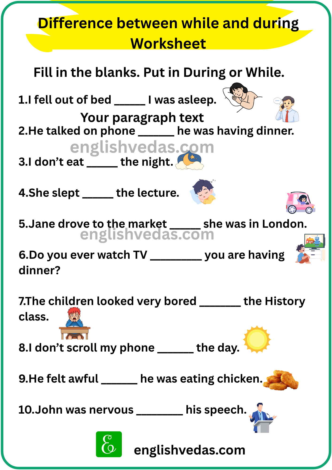 Difference between While and During |Worksheet with Answers – English ...