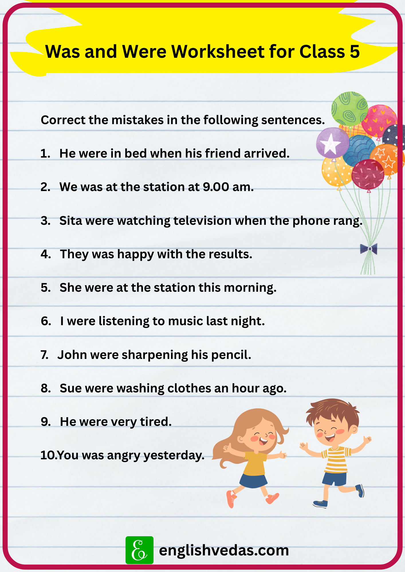 Was and Were Worksheet Class 5 with Answers. - English Vedas Blog