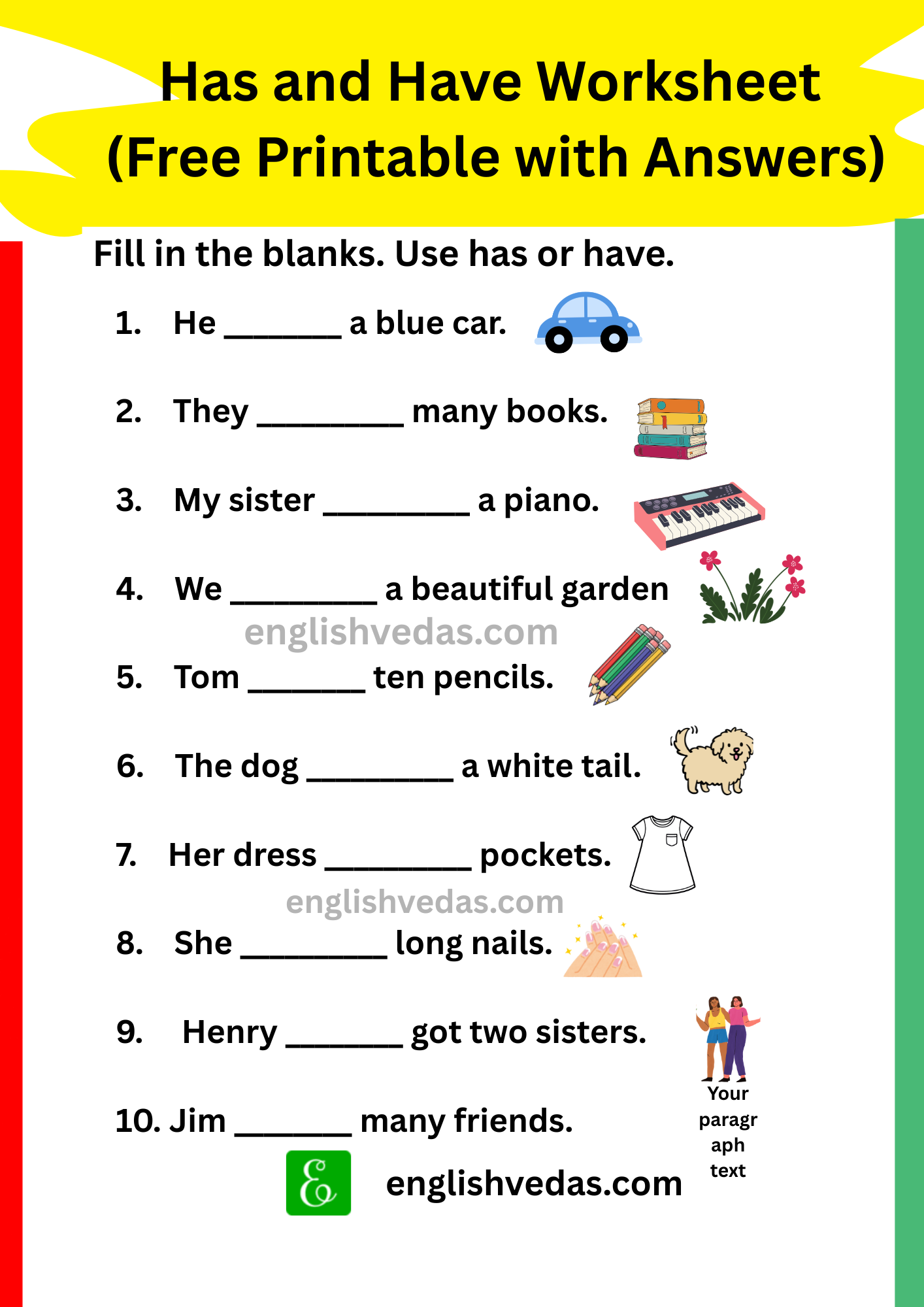 Has and Have Worksheet | Simple (Free Printable with Answers) - English ...
