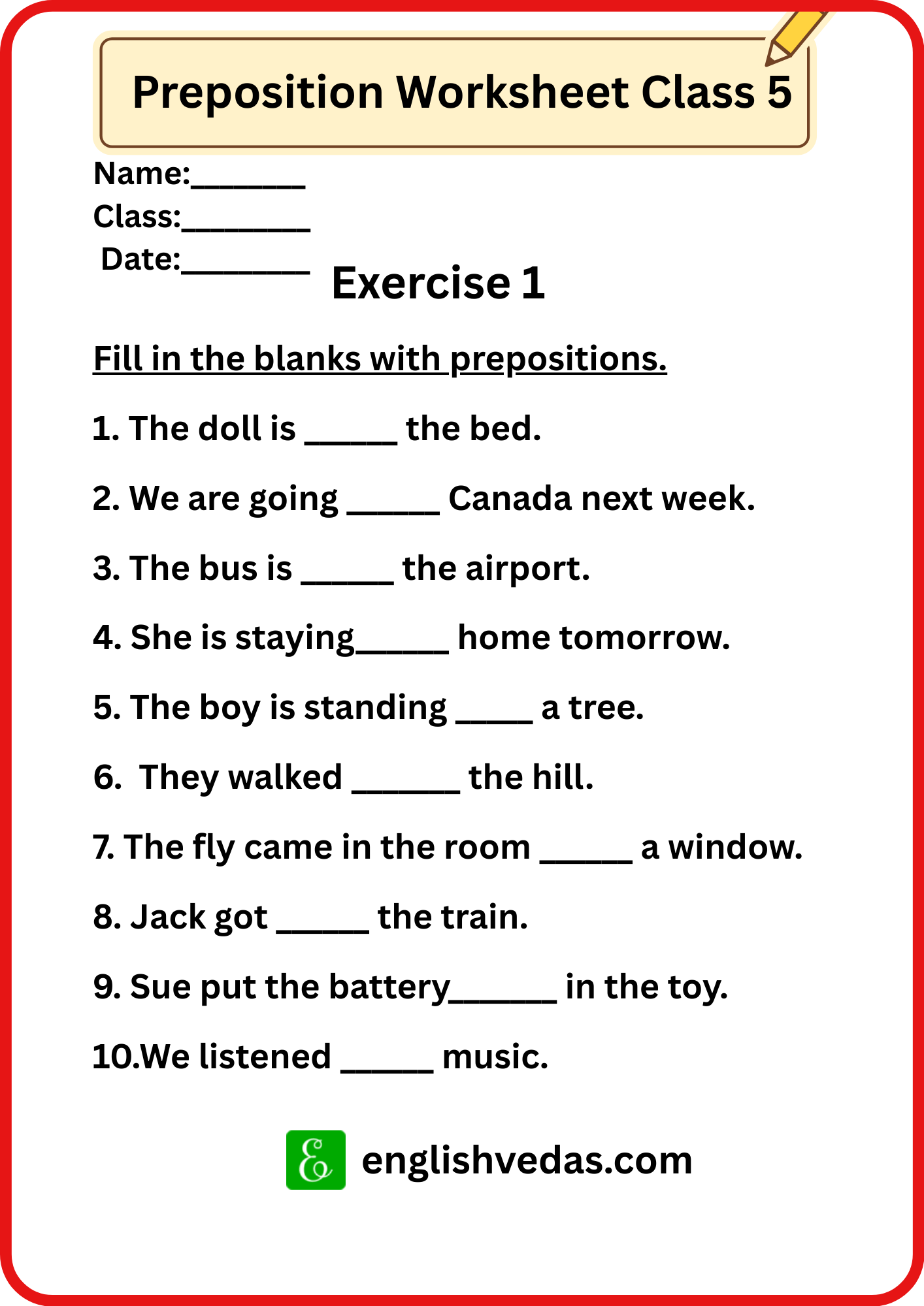 Preposition Worksheet for Class 5 with Answers (Free Printable PDF ...