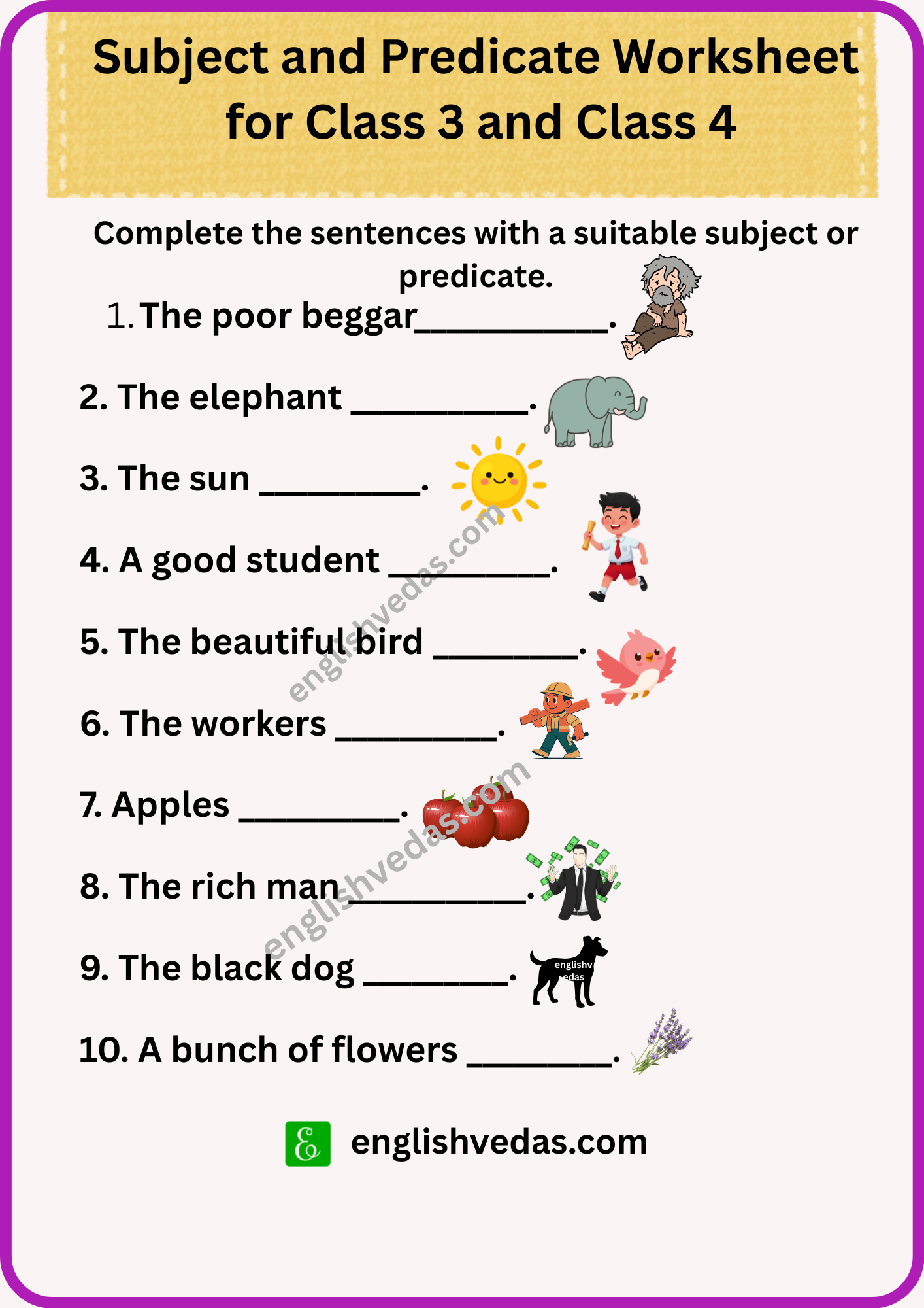 Subject and Predicate Worksheet for Class 3 and Class 4 (With Answers ...